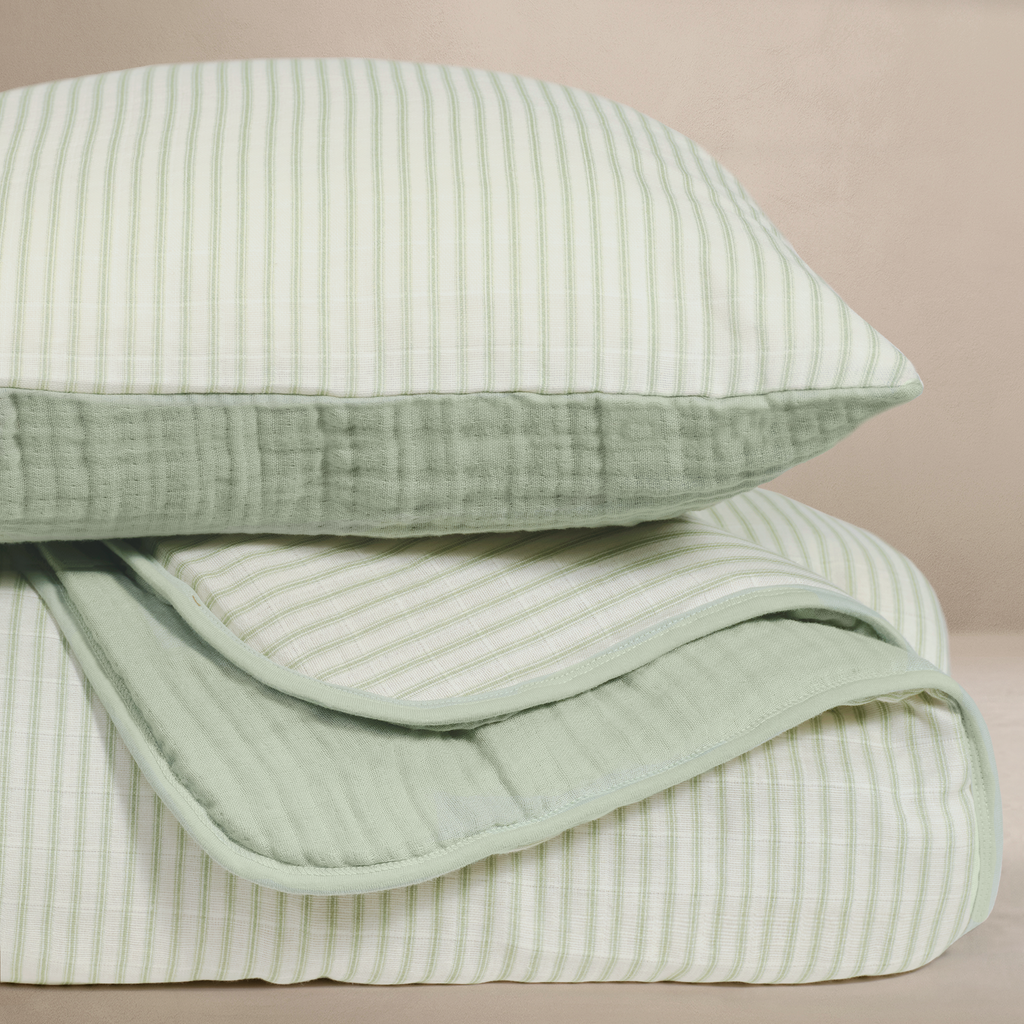 Sage Green Stripe Muslin Quilt & Sham Set | Nursery Bedding | Oilo™ Studio